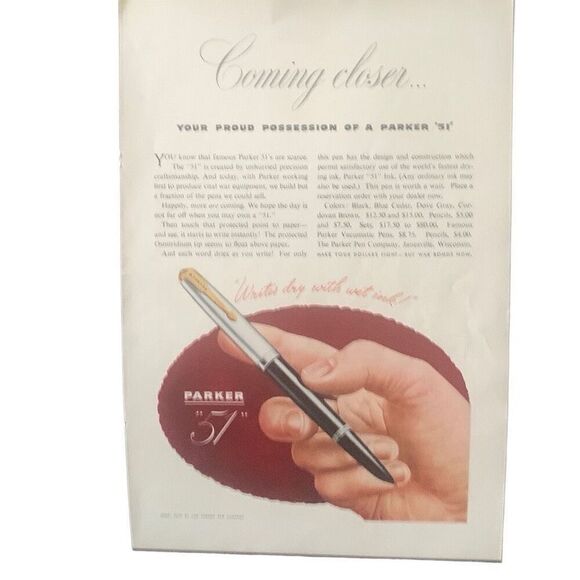 Parker | Art | Vintage 945 Parker51 Pen Coming Closer Ad Advertisement ...